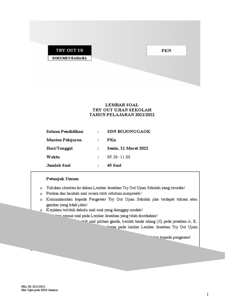 2 Soal TRY OUT PKN 2022 OK | PDF