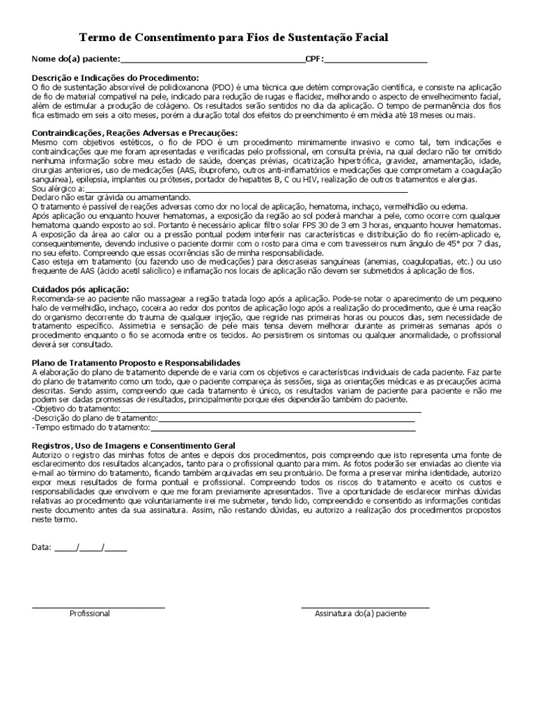 Termo de Consentimento para Fio de Sustentação Absorvível PDO | PDF ...