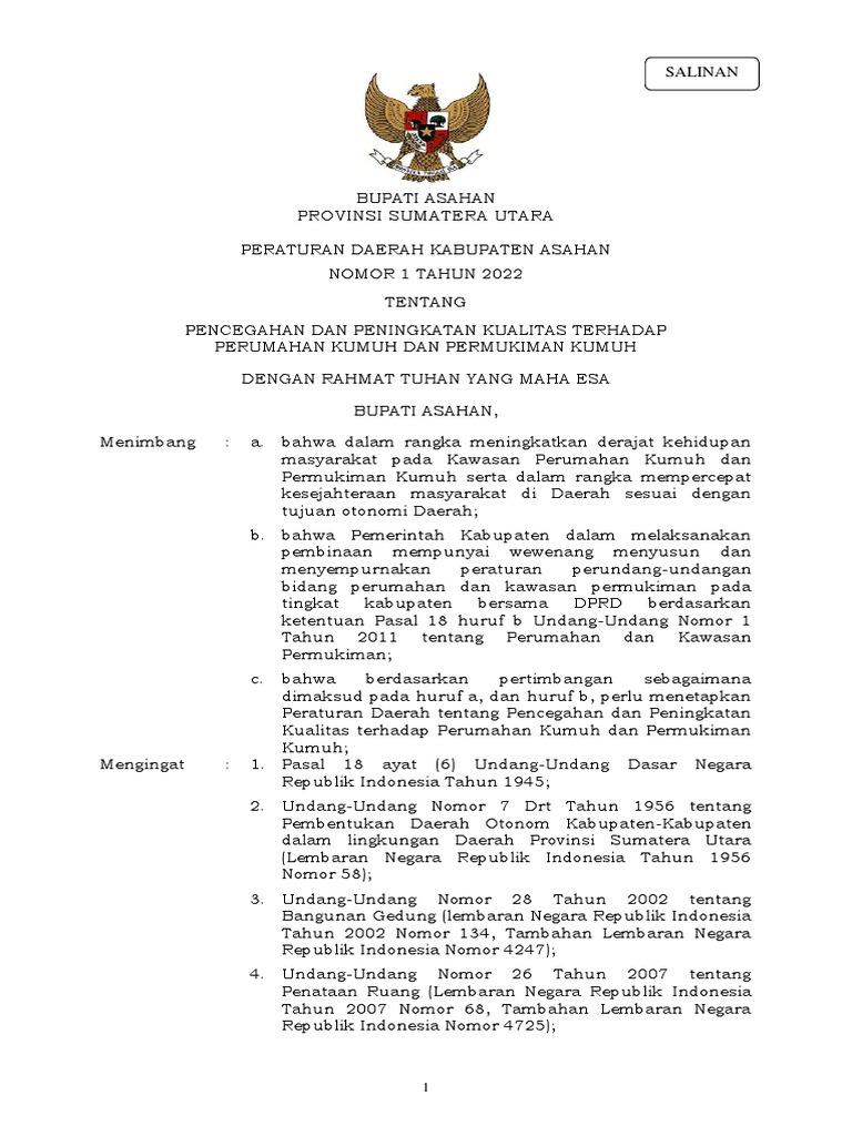 Perda 1 Tahun 2022 Pencegahan Peningkatan Kualitas Terhadap Perumahan Kumuh Permukiman Kumuh | PDF
