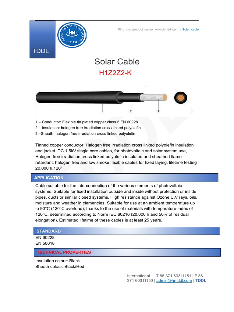 Ficha Tecnica Solar Cable PDF | PDF | Photovoltaic System | Insulator ...