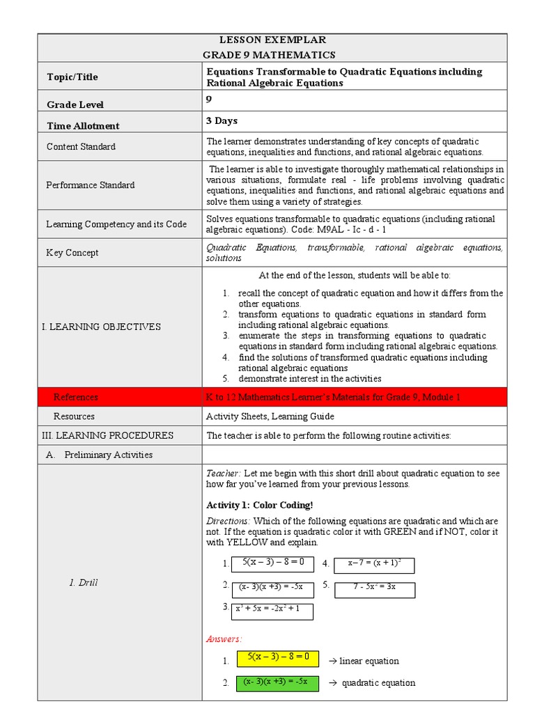 LESSON-exemplar-math-9-WEEK 3 | PDF | Equations | Quadratic Equation