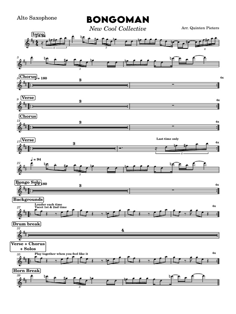 Bongoman - New Cool Collective-Alto Saxophone PDF | PDF | Song ...