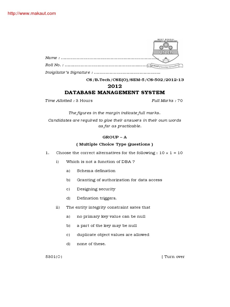 Btech Cse 5 Sem Database Management System 2012 | PDF | Database Index ... Btech Cse 5 Sem Database Management System 2012 | PDF | Database Index ...