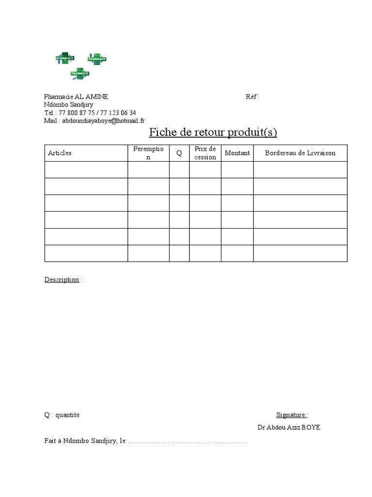 Fiche de Retour Produit Pharmacie | PDF