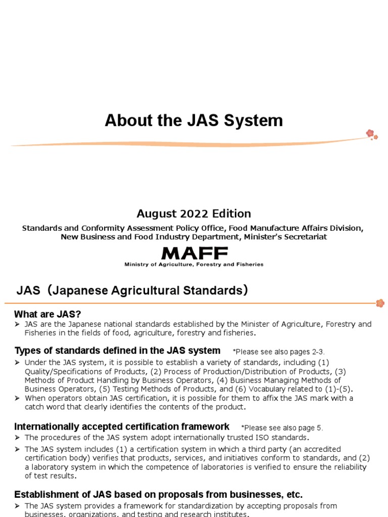 About The JAS System: August 2022 Edition | PDF | Standardization | Certification