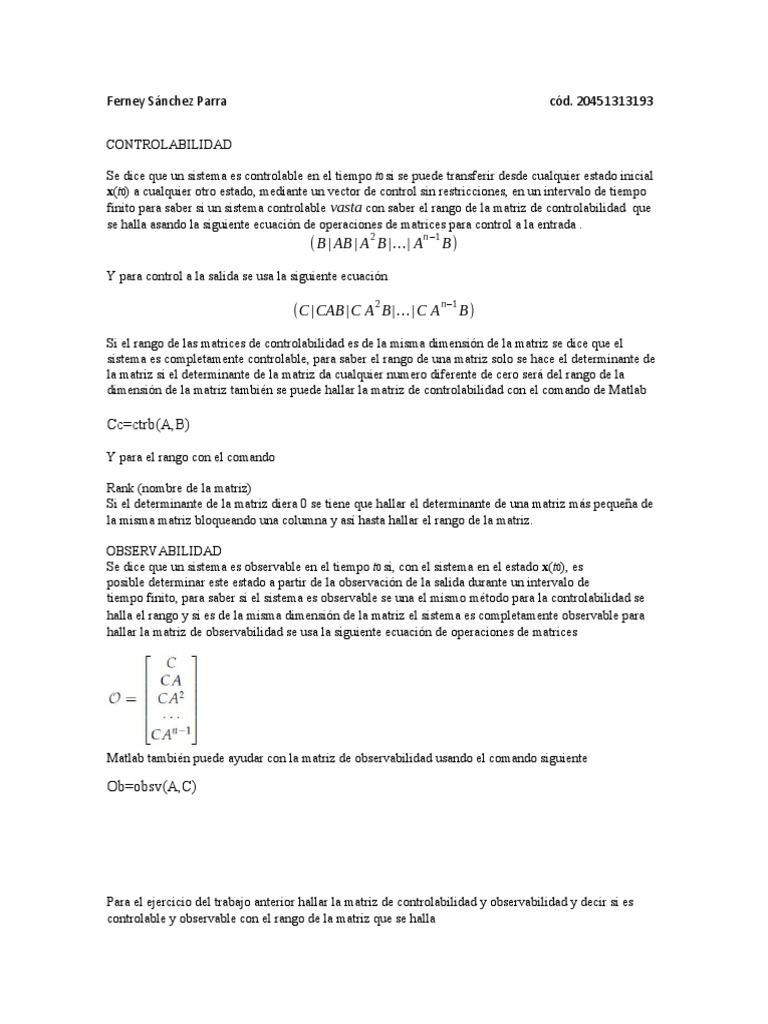 Controlabilidad y Observabilidad | PDF | Matriz (Matemáticas ...