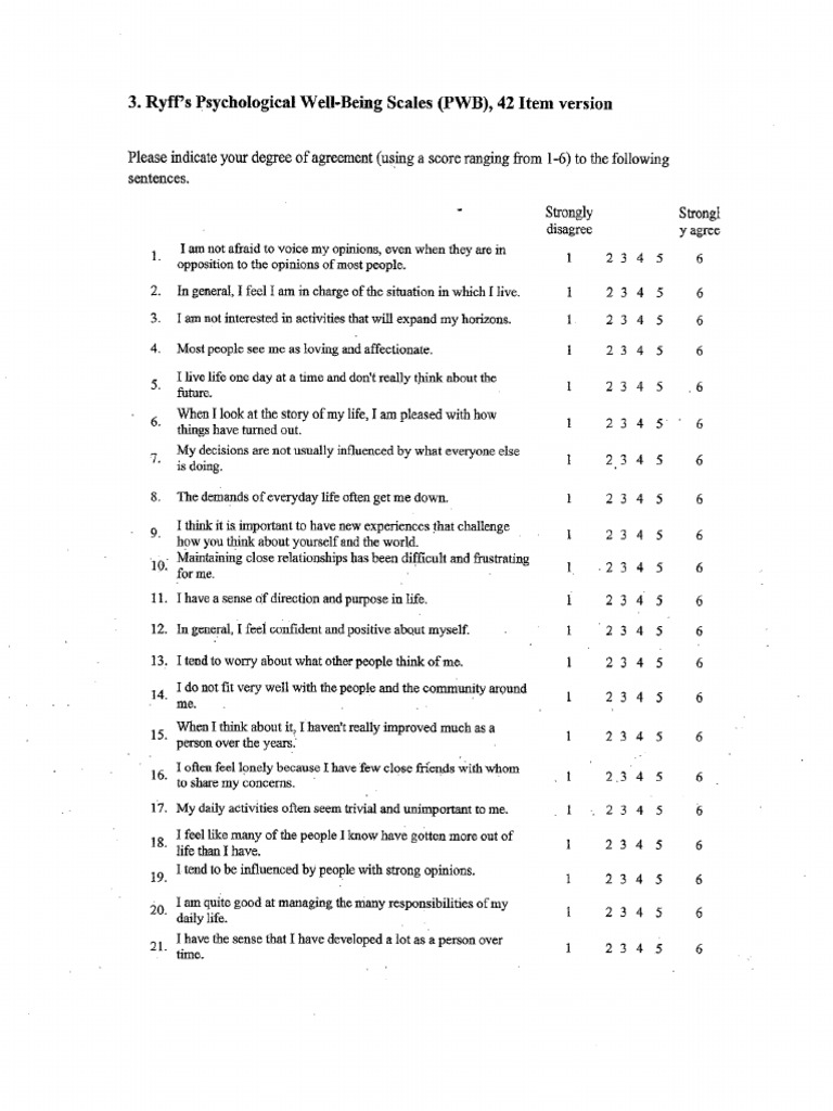 Ryff's Psychological Well-Being Scales (PWB) | PDF