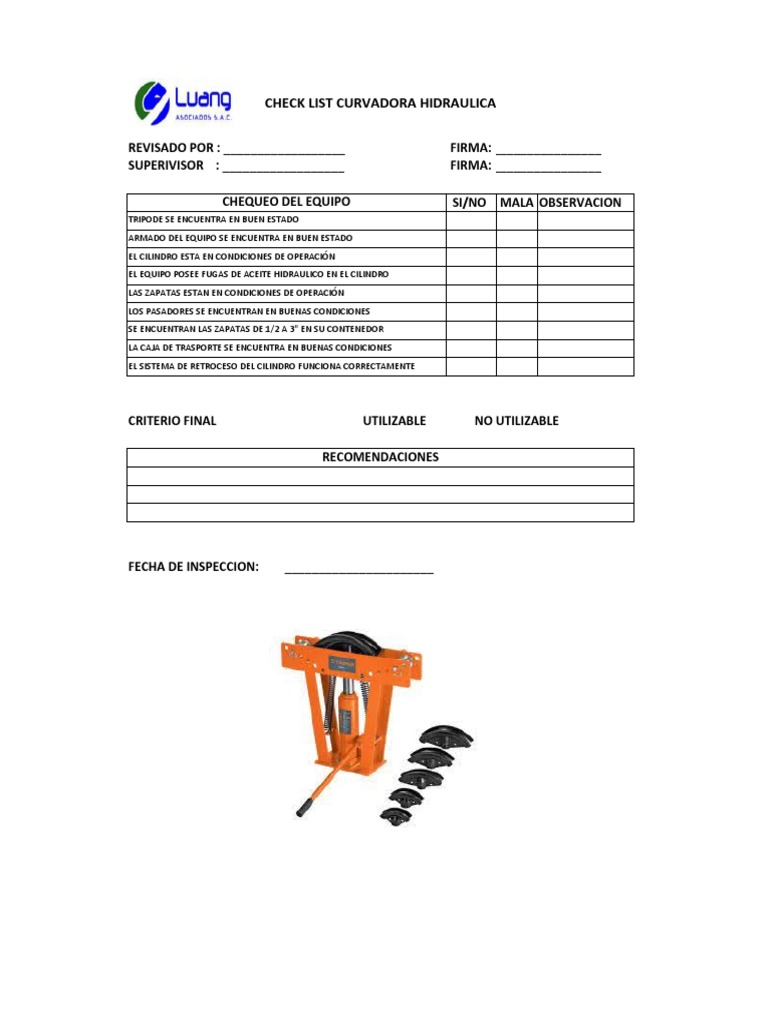 Check List de Curvadora Hidraulica | PDF