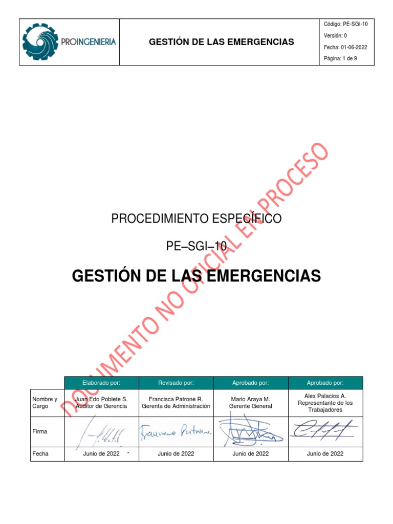 PE-SGI-10 GESTIÓN DE LAS EMERGENCIAS - Ver0 - REV DAM | PDF | Emergencia
