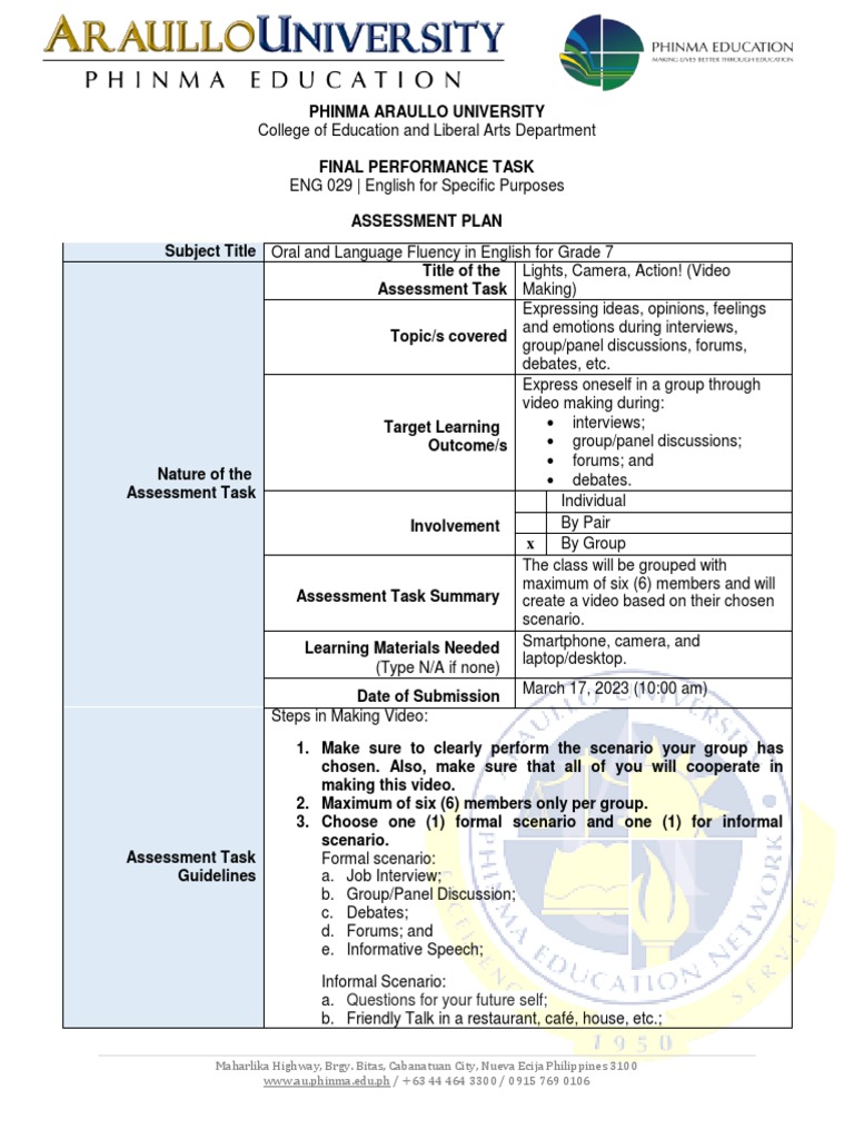 Sample Assessment Plan | PDF | Rubric (Academic) | Communication