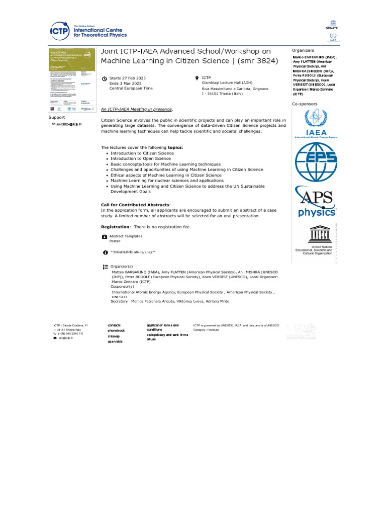 Joint ICTP-IAEA Advanced School - Workshop On Machine Learning in Citizen Science - (SMR 3824 ...