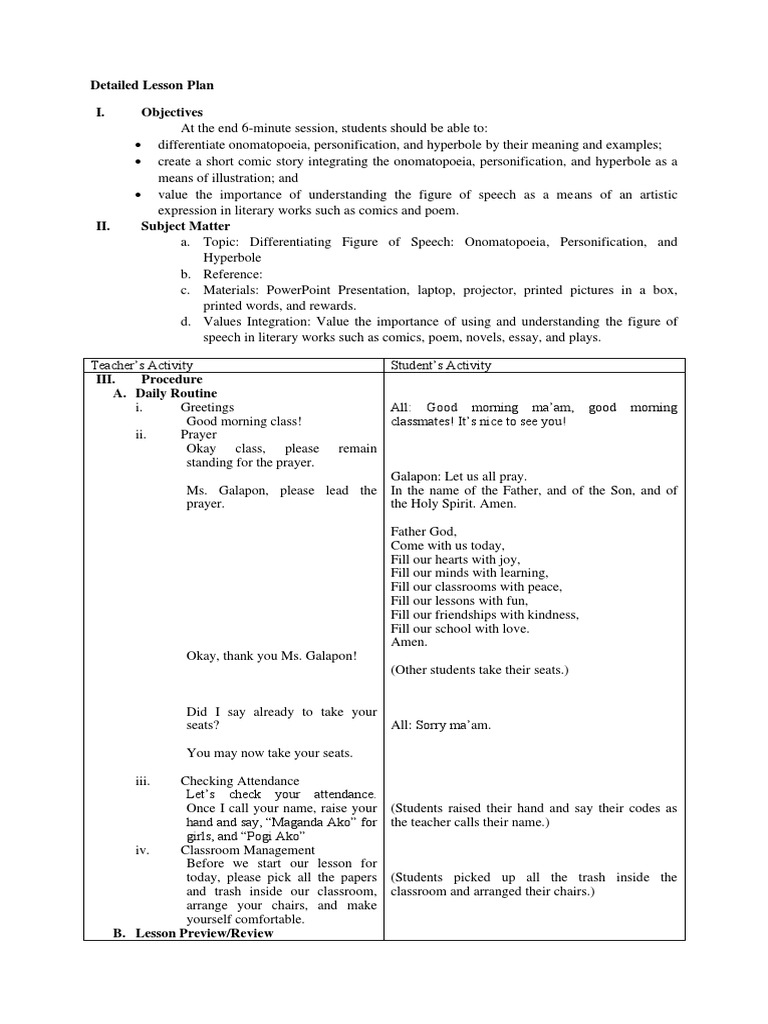 Sample Detailed Lesson Plan | PDF | Prayer | Lesson Plan