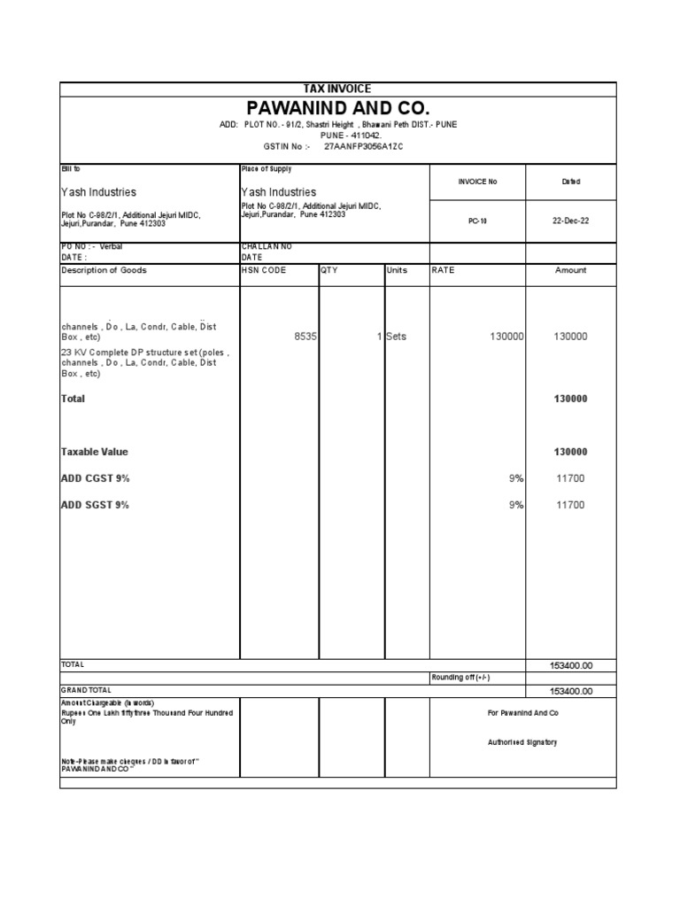 Invoice for the Supply and Installation of 22KV and 23KV Distribution ...