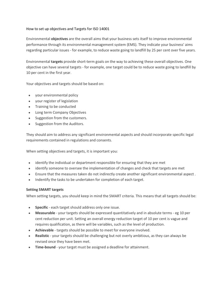 How To Set Up Objectives and Targets For ISO 14001 | PDF