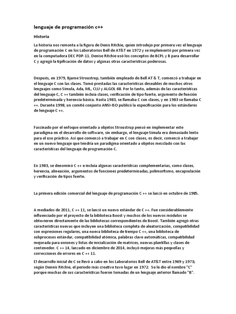 Historia y ventajas del lenguaje C++ | PDF | Lenguaje de programación ...