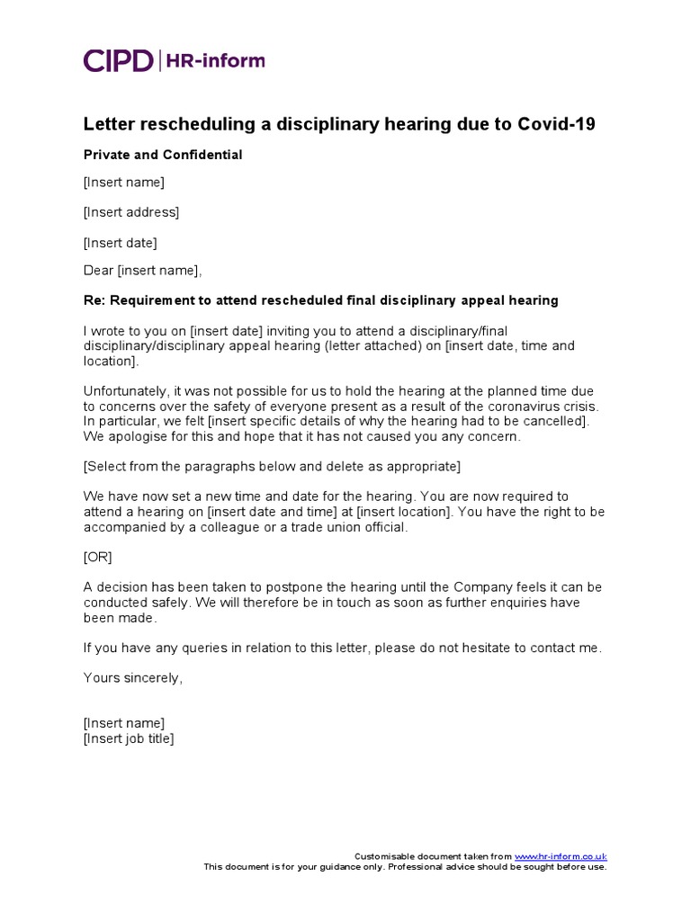Letter Rescheduling A Disciplinary Hearing Due To Covid-19 | PDF