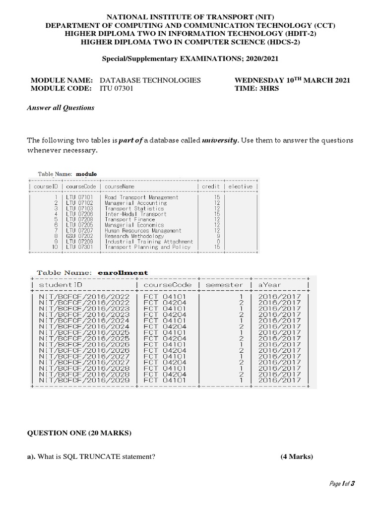Itu 07301 2020-2021 Supp 2021 PDF | PDF | Table (Database) | Sql