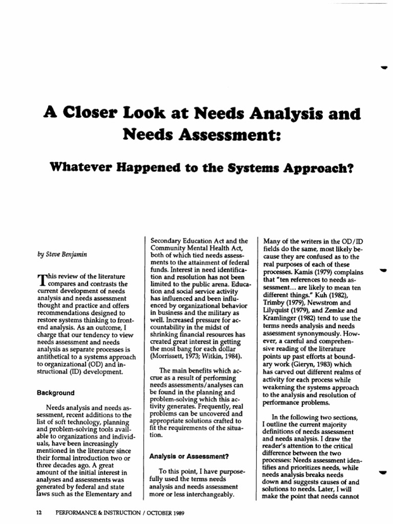 1989 Benjamin Need Analysis Vs Need Assesment | PDF
