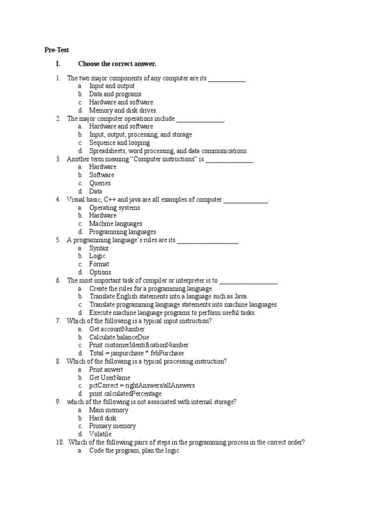 Pre Test | PDF | Programming | Computer Program