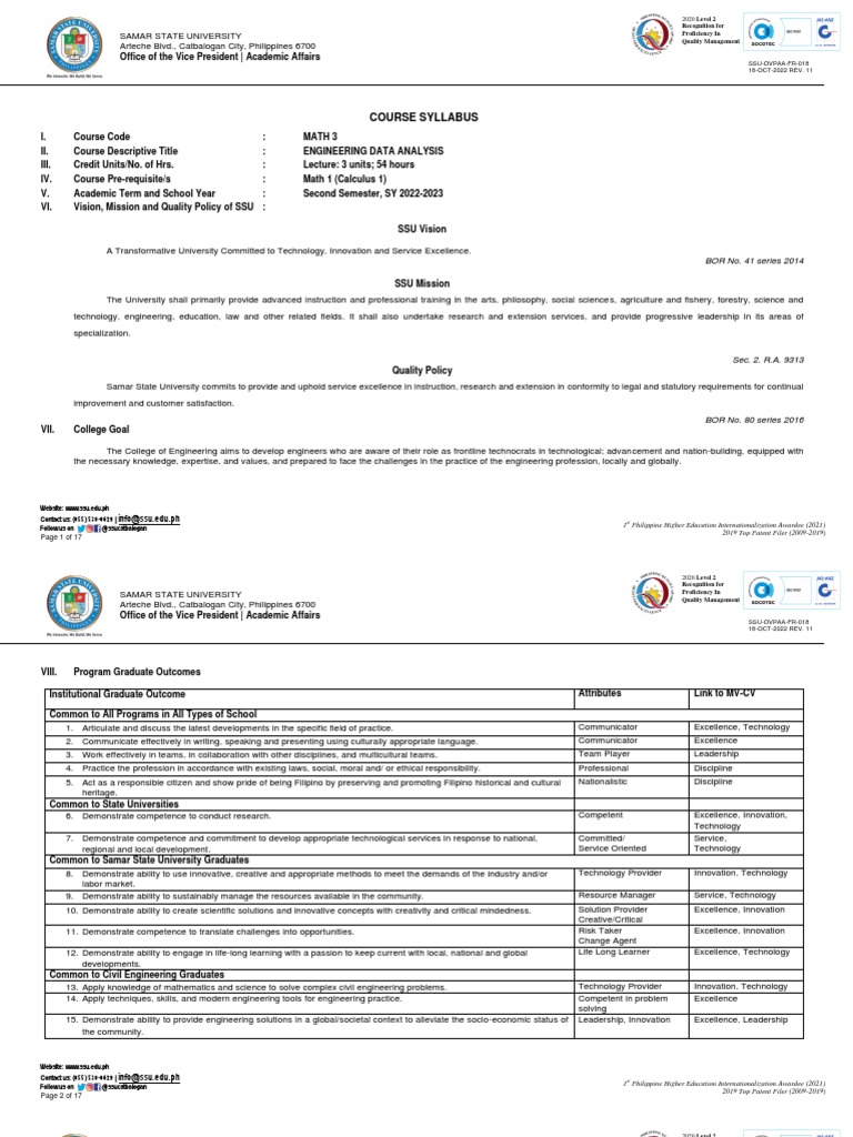 MATH 3 Engineering Data Analysis PDF | PDF | Probability Distribution ...