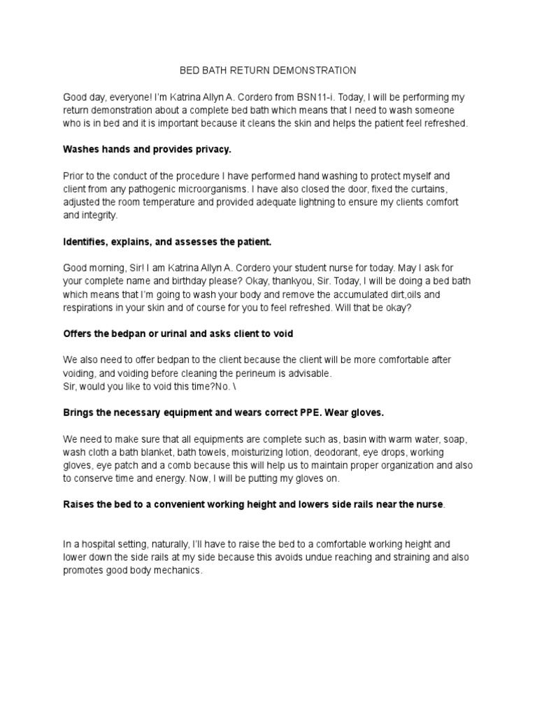 Bed Bath Return Demonstration Guide | PDF | Hygiene | Hand Washing
