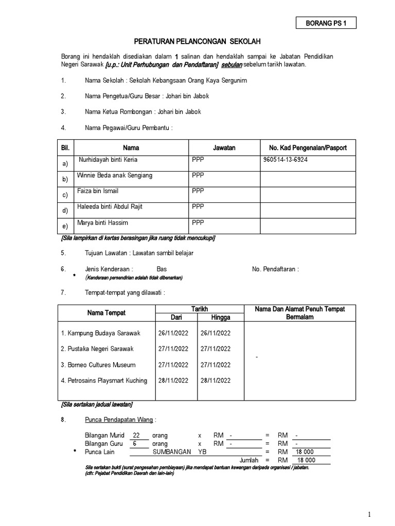 Borang-Pelancongan Sekolah (Lawatan) | PDF