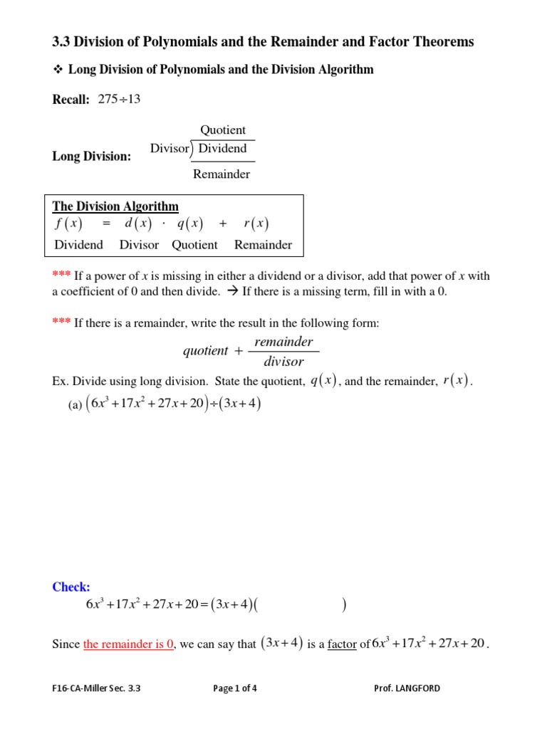 3.3 Division of Polynomials and The Remainder and Factor Theorems | PDF | Factorization ...