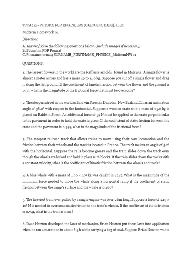 Physics Midterm Homework on Friction | PDF | Friction | Force