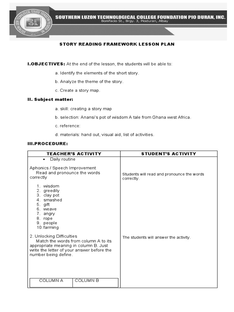 Story Reading Framework Lesson Plan | PDF | Anansi | Rubric (Academic)