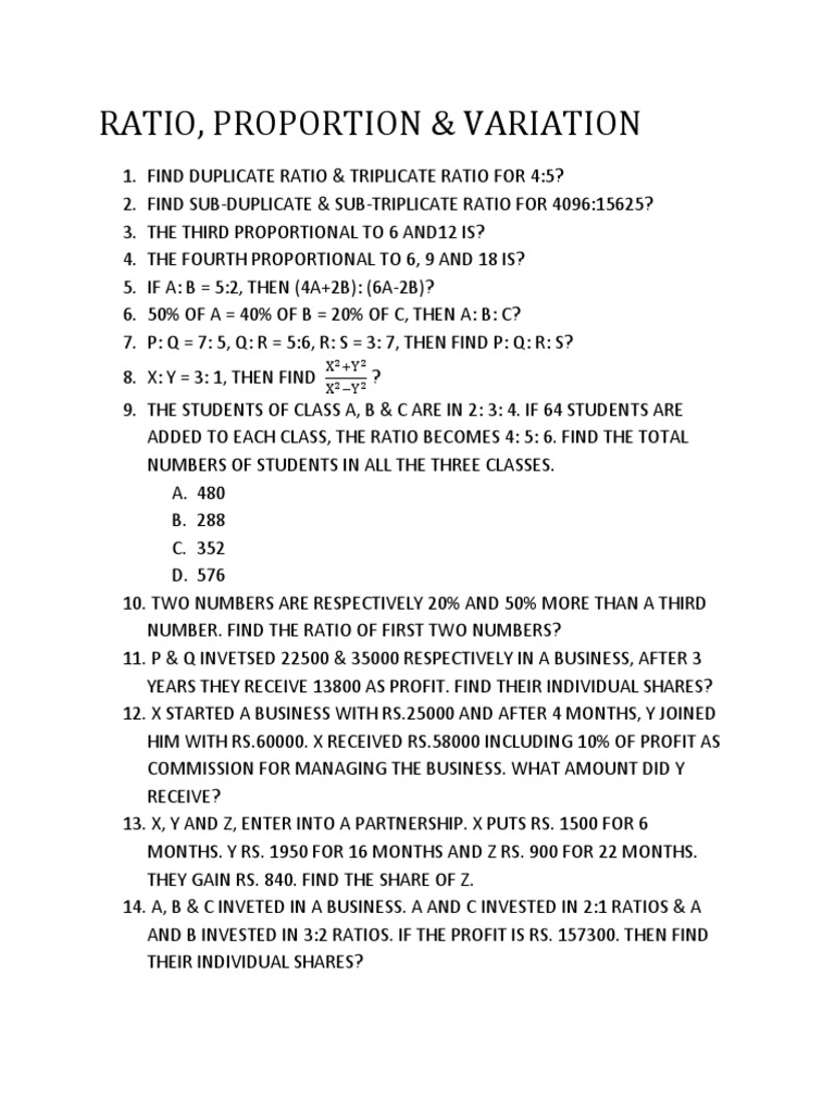 Ratio, Proportion & Partnership Questions PDF | PDF