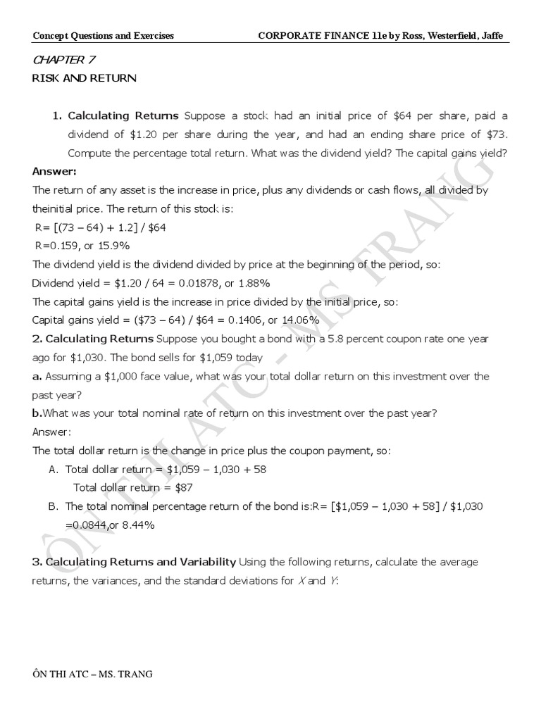 Concept Questions and Exercises CORPORATE FINANCE | PDF | Yield ...