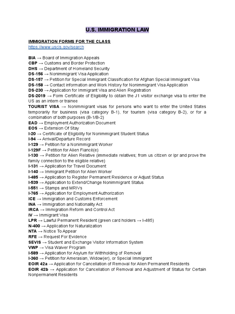 U.S. Immigration Law Forms and Abbreviations Guide | PDF | Travel Visa ...