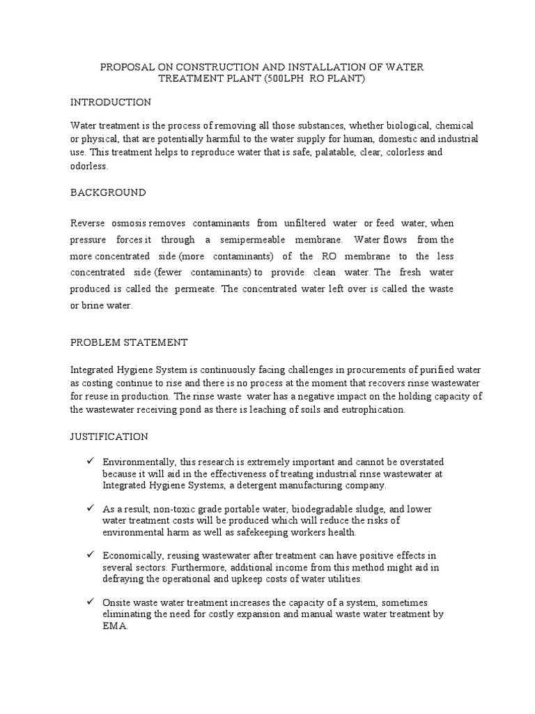 Proposal On Construction and Installation of Water Treatment Plant ...