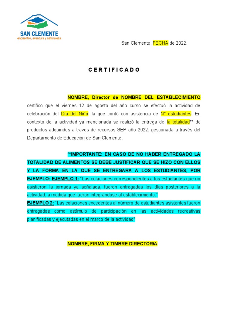 Certificado Entrega Alimentos | PDF
