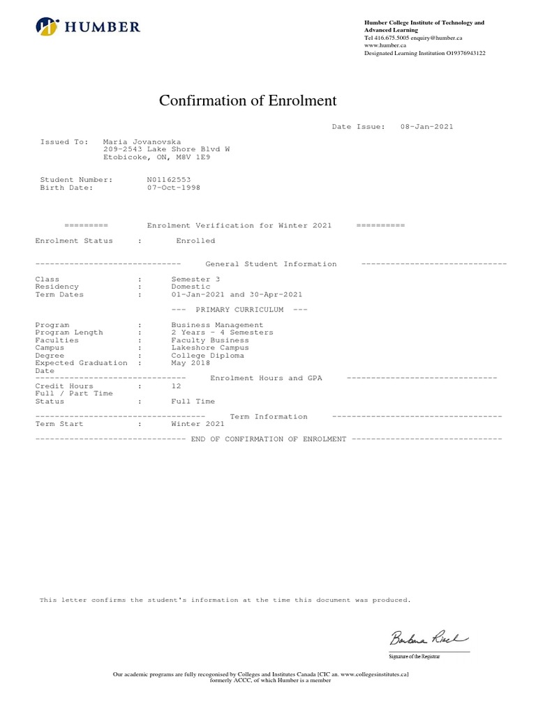 Confirmation Of Enrolment Tel 416 675 5005 Enquiry humber Ca WWW
