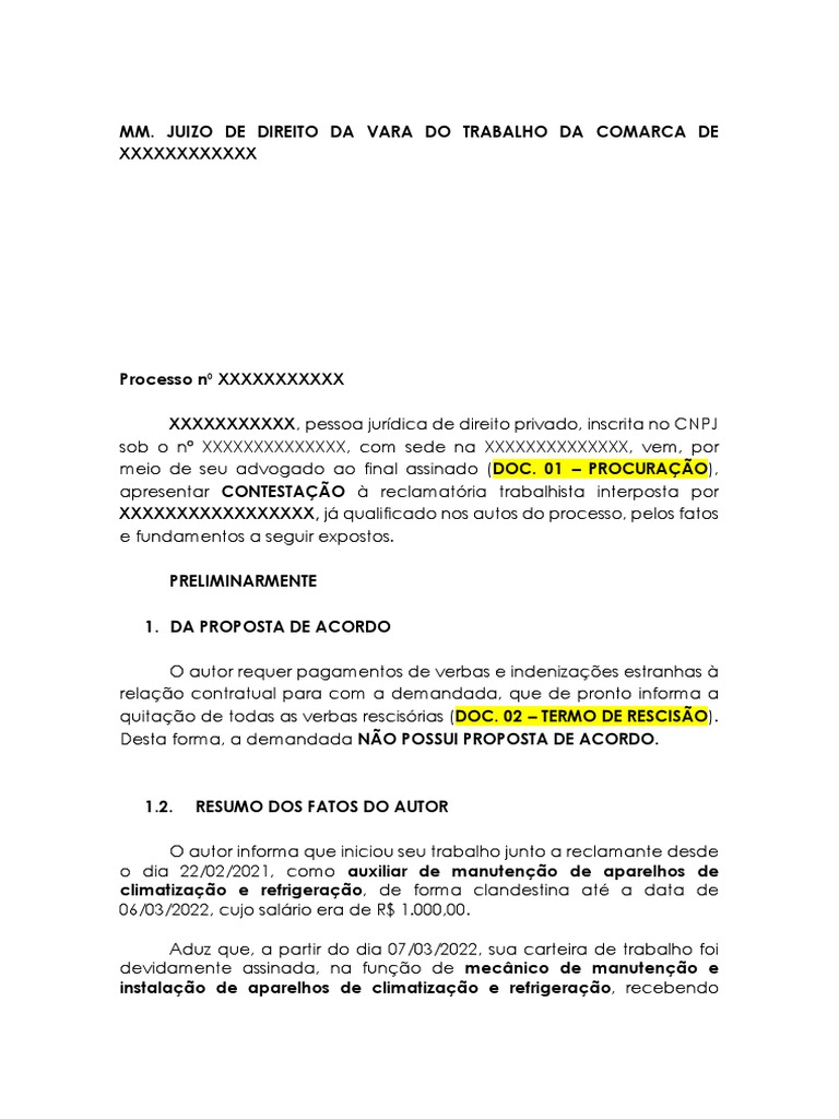 Modelo - Contestação Trabalhista | PDF | Férias trabalhistas | Salário