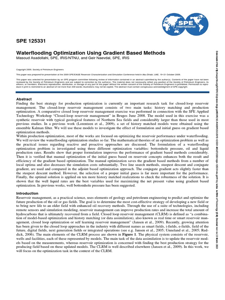 SPE 125331 Waterflooding Optimization Using Gradient Based Methods | PDF | Mathematical ...