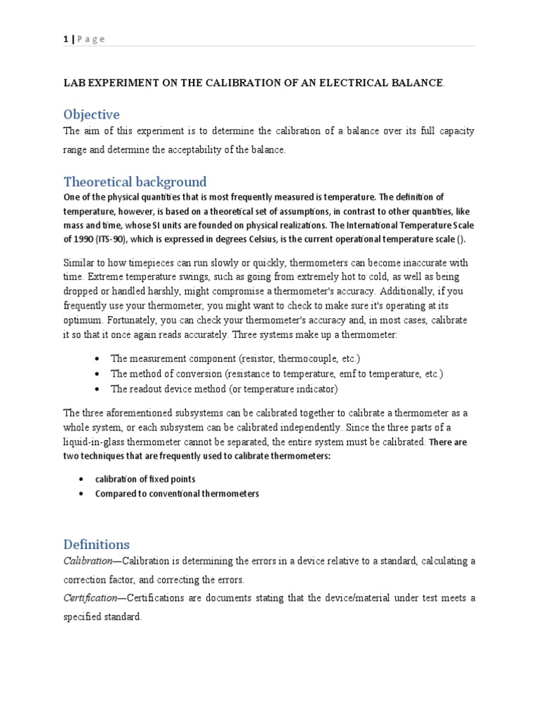 Experiment - Calibration of An Electrical Balance | PDF | Weighing ...