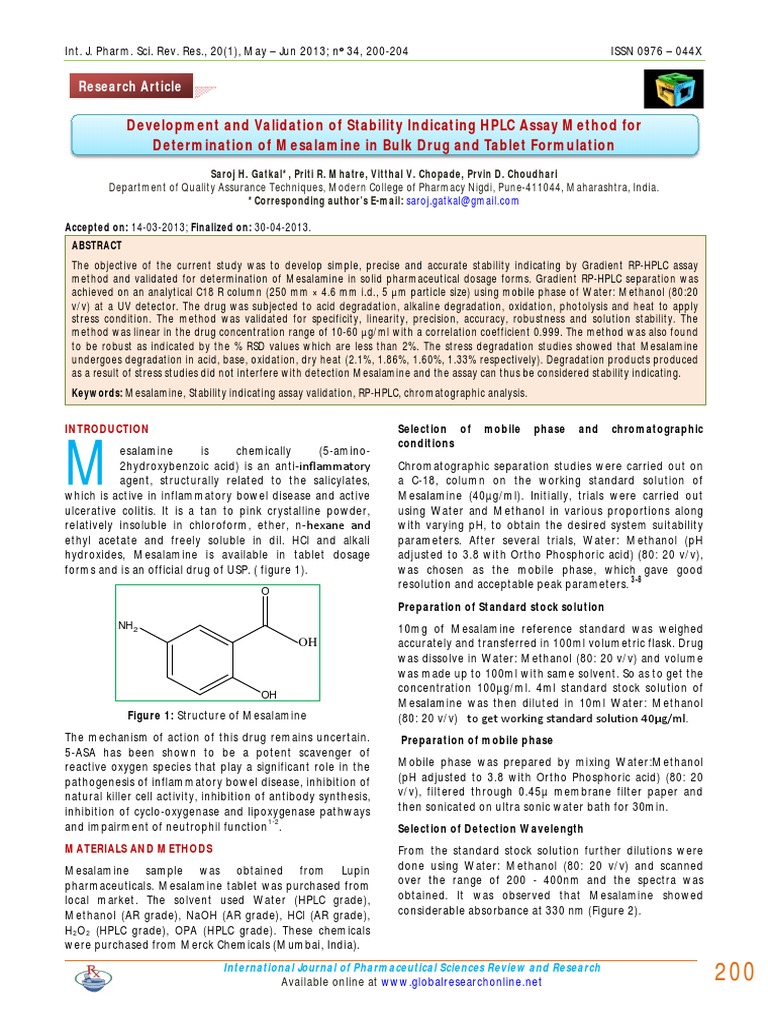 Determination Of Mesalamine In Bulk Drug And Tablet Formulation Pdf Download Free Pdf High