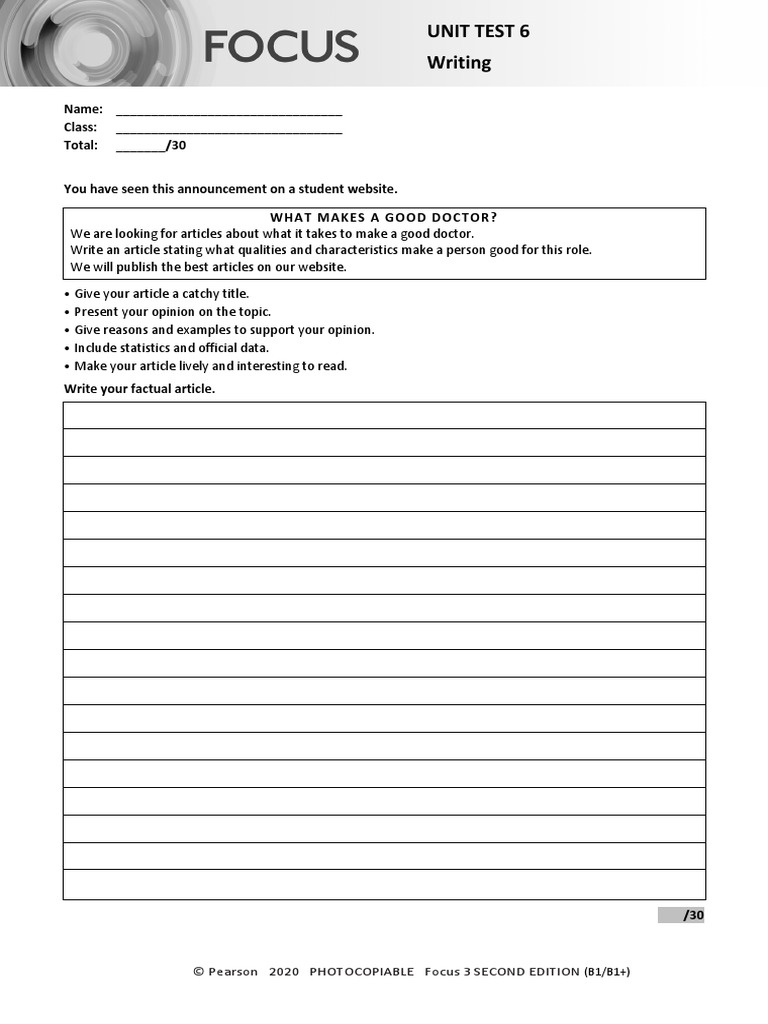 Focus3 2E Unit Test Writing Unit6 | PDF