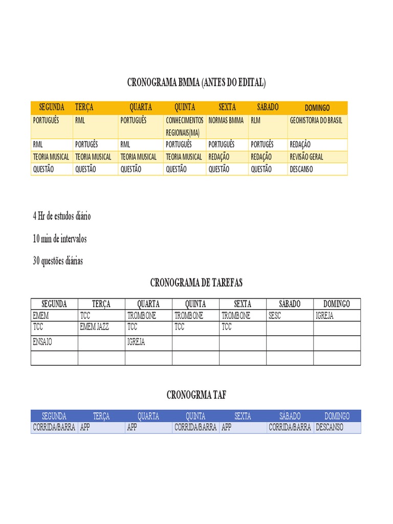 Cronograma de Estudos BMMA | PDF