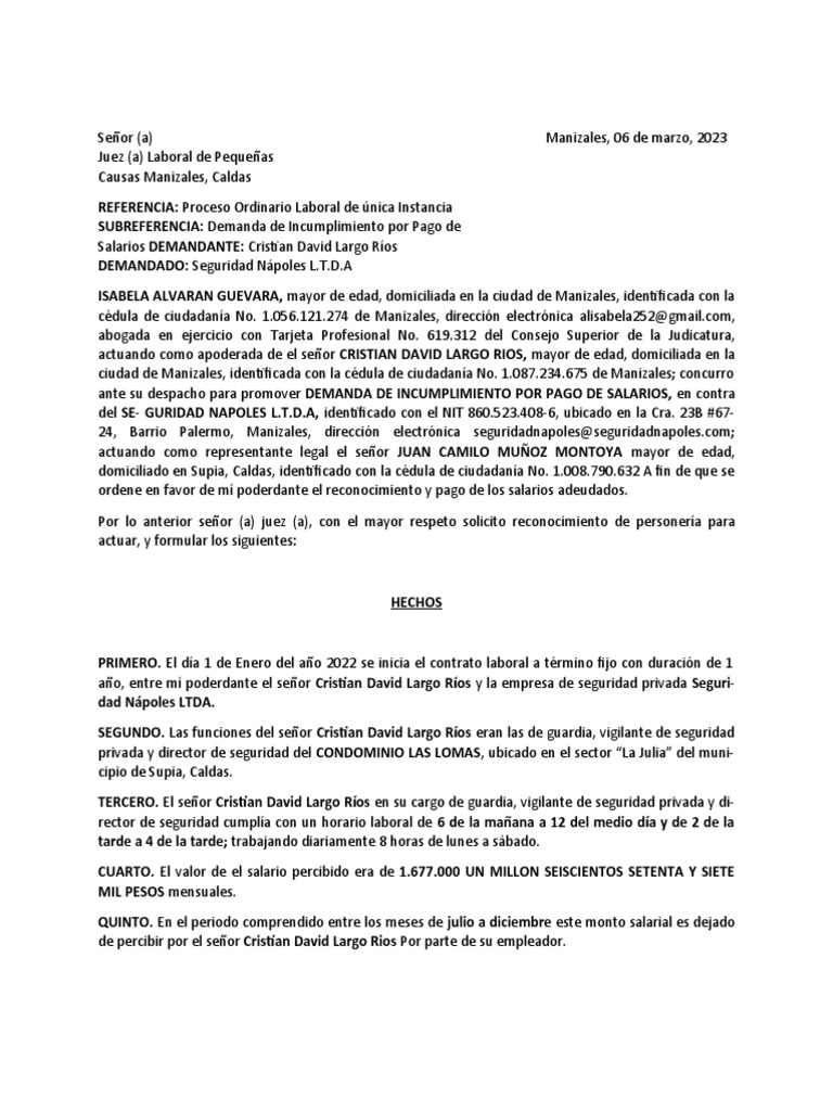 Demanda Final 4. Word | PDF | Salario | Derecho laboral