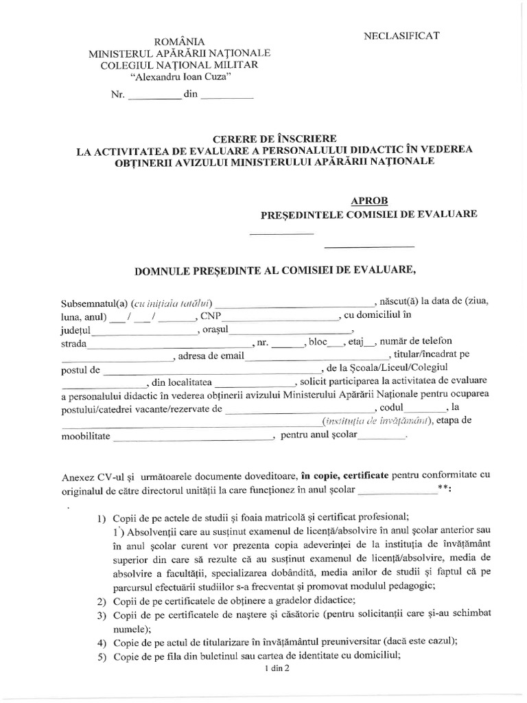 Cerere Inscriere Concurs Acordare Aviz MApN | PDF