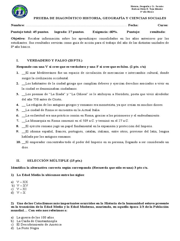 Prueba Diagnóstica Historia 8º Básico | PDF | imperio Romano | Muerte negra