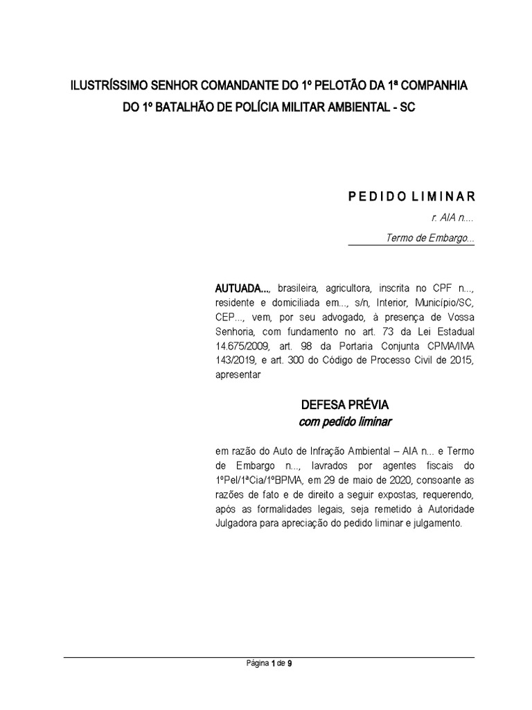 MODELO Defesa Prévia Auto de Infração Ambiental Polícia Militar ...