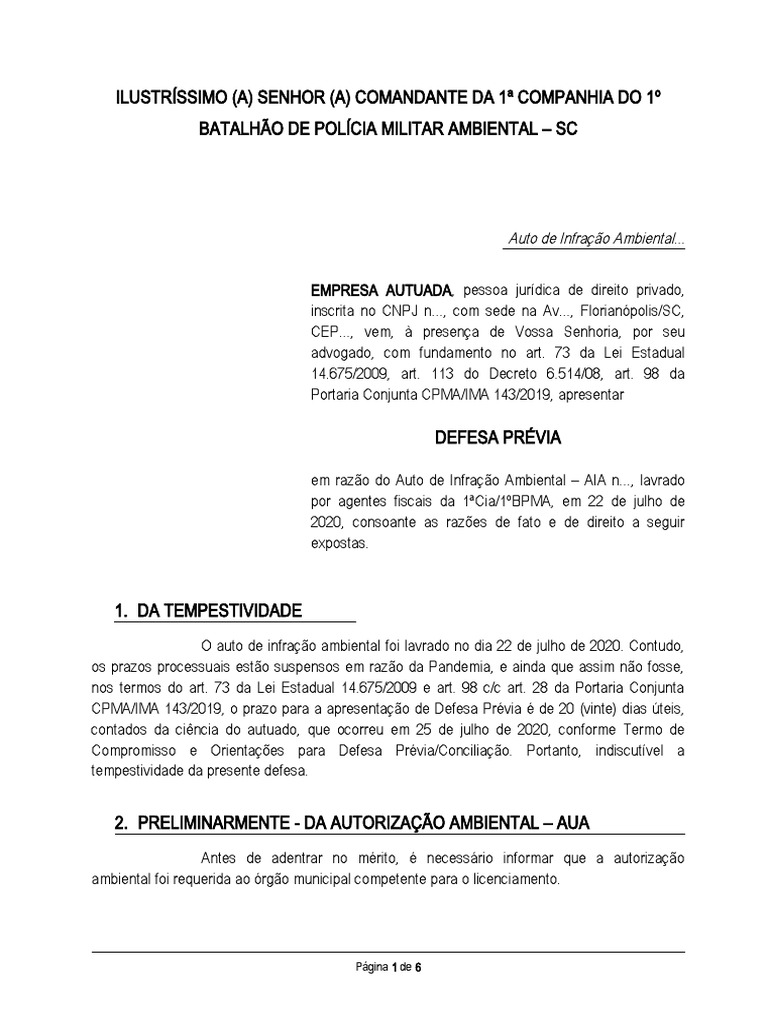 MODELO Defesa Previa Polícia Militar Ambiental Bis in Idem | Download ...
