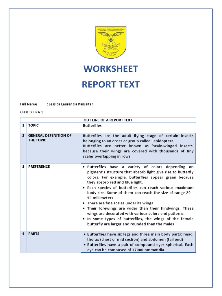 Worksheet Report Text: Full Name: Jessica Laurencia Panjaitan Class: XI ...