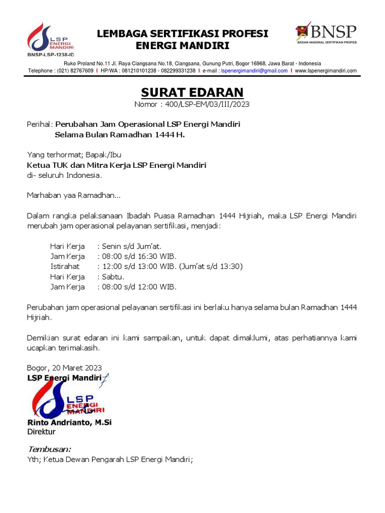 400 - Surat Edaran Jam Operasional Ramadhan 1444 H PDF | PDF | Teknologi & Rekayasa