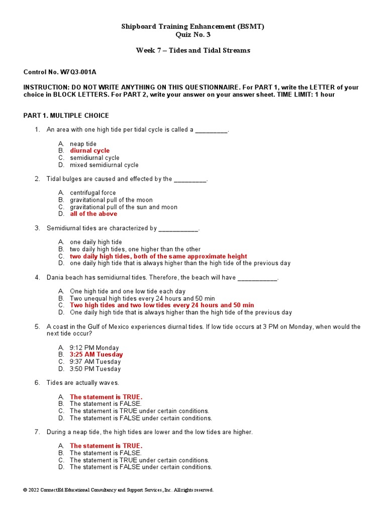 BSMT Q3 - Set A Answer Key | PDF | Tide | Earth Sciences