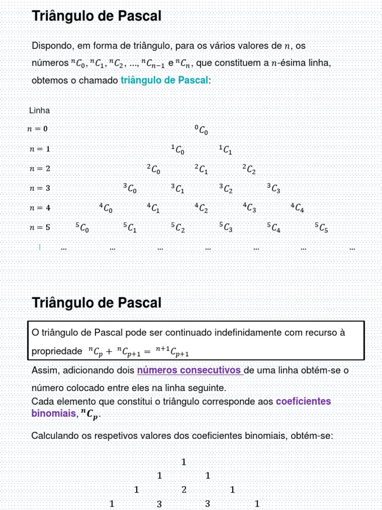 Triângulo de Pascal - Propriedades Das Combinações - Resumos | PDF ...